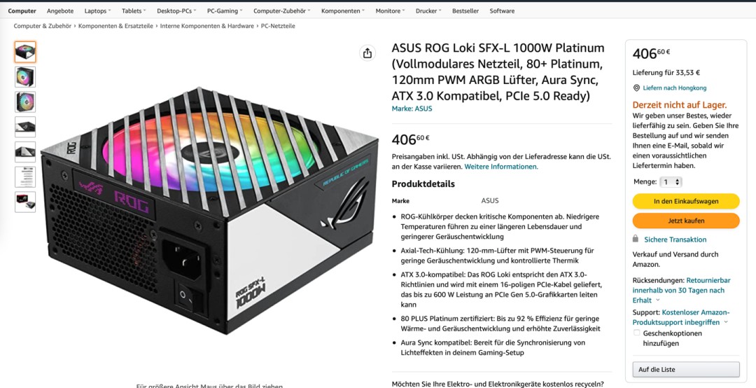 ROG洛基SFX-L电源海外上市:1000W约2800 元_百家争鸣|游民星空